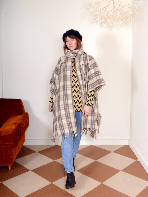 plaid wool fringe poncho with neck tie / 70s vintage … - Gem