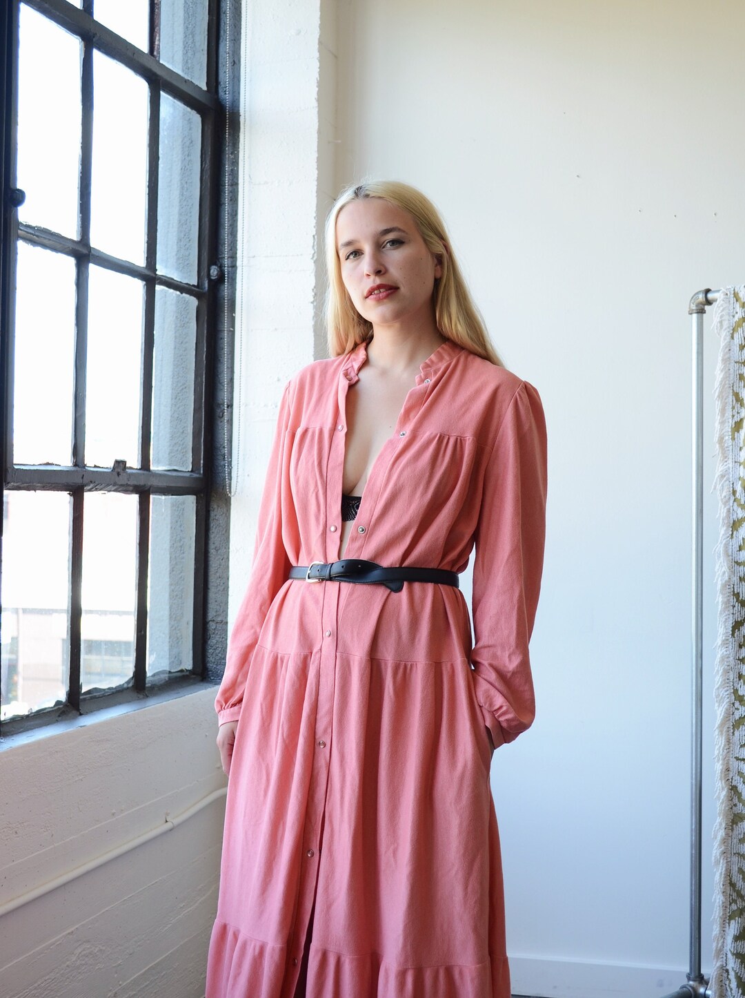 60s/70s Tiered Pink Maxi Dress / Button Front House Dress by - Etsy