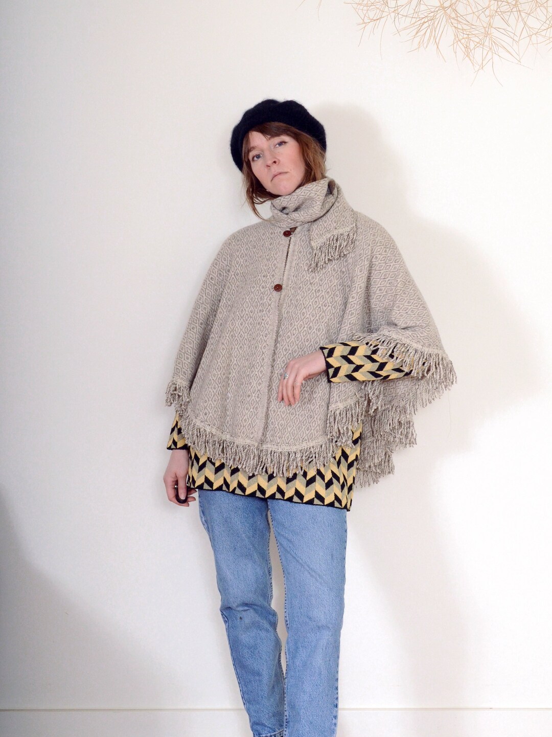 Vintage 70s Cropped Wool Poncho With Fringe / OOAK Homemade Diamond ...