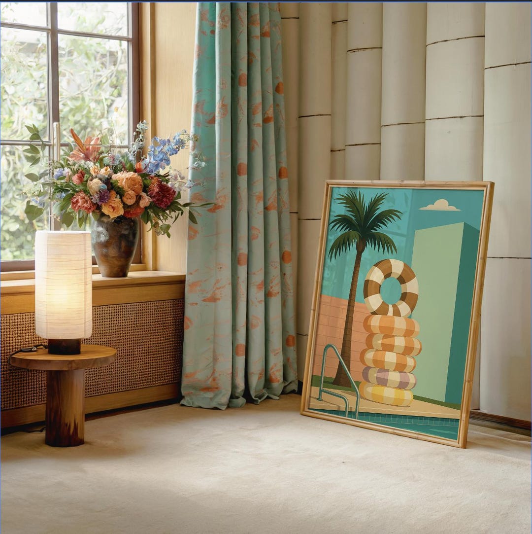 Retro Pool Floaties Digital Print – Midcentury Summer Wall Art, Palm ...