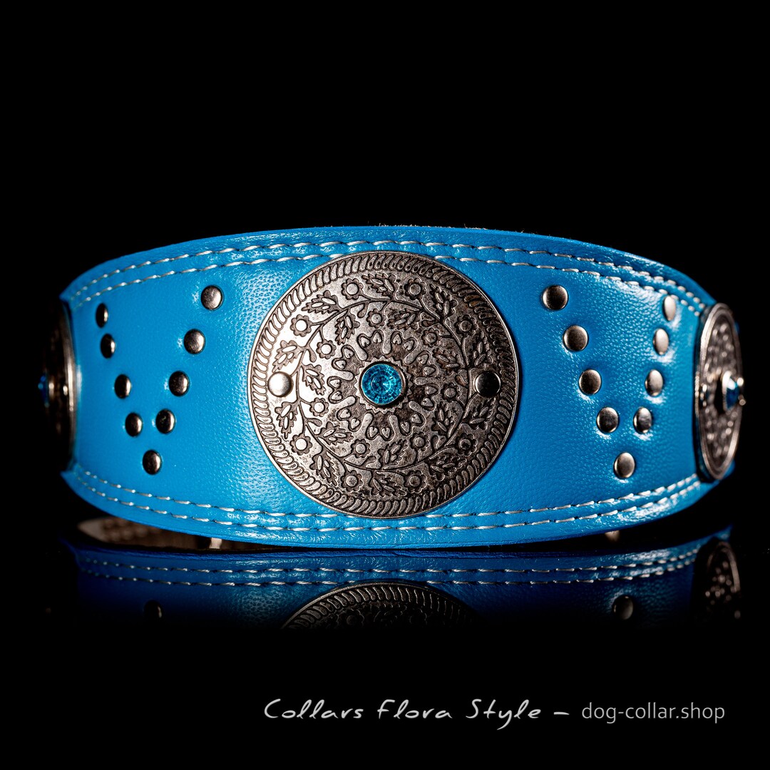 Turquoise Leather Dog Collar, Luxury Dog Collar for Sighthound ...