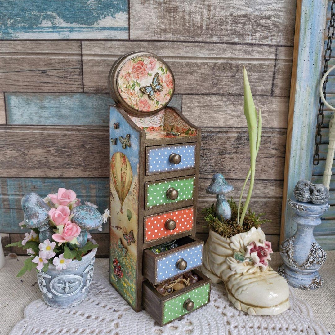 Mini Chest of Drawers Butterflies Balloon Wood Box Storage Box Jewelry ...