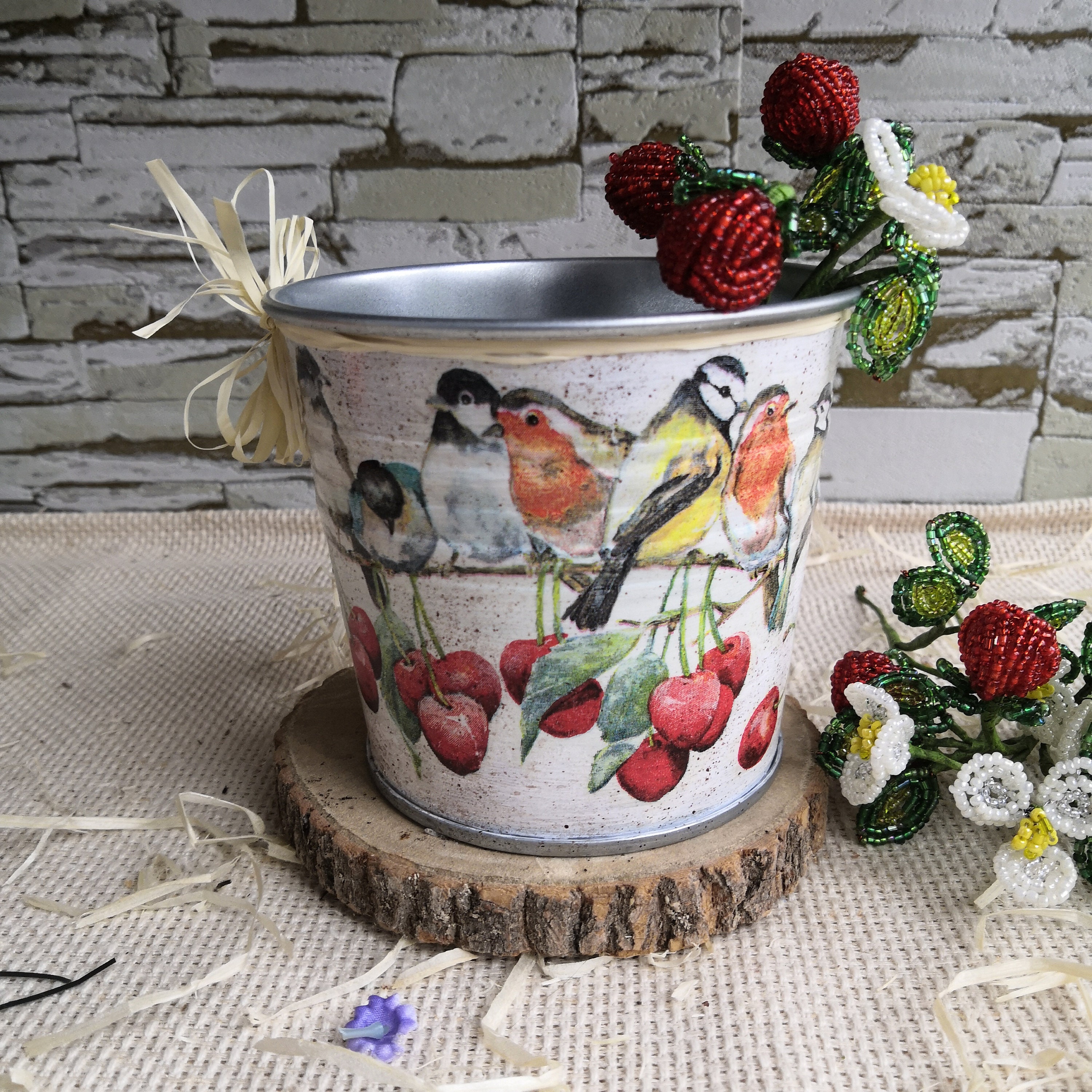 Metal Galvanized Pot Flower Vase Birds Cherry Metal Pot Garden | Etsy