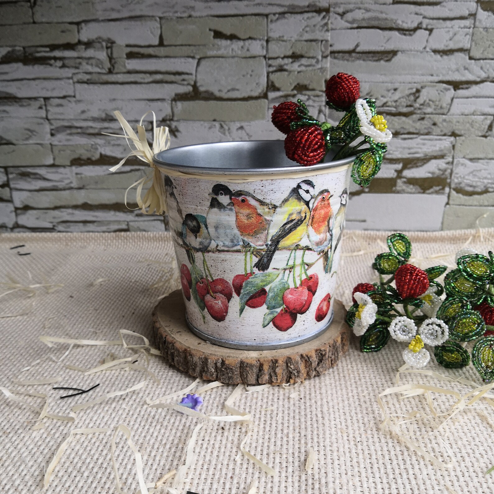 Metal Galvanized Pot Flower Vase Birds Cherry Metal Pot Garden - Etsy
