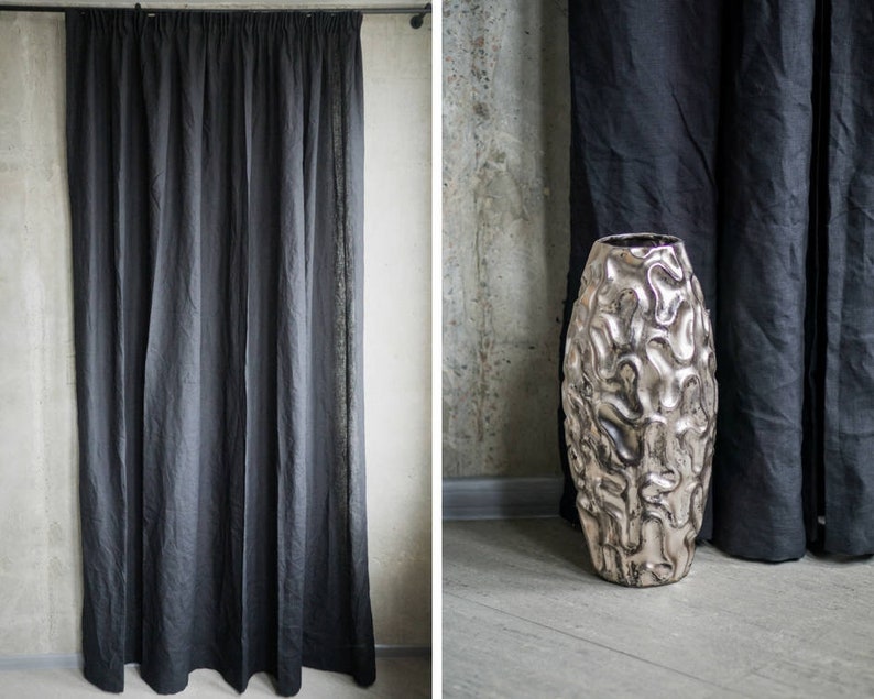 Black Linen Curtains Natural Drapery Panel Blackout Modern - Etsy