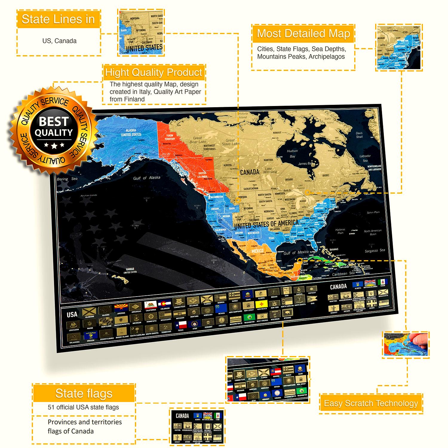 North America Scratch off Map With US States & Canadian Provinces Flags ...