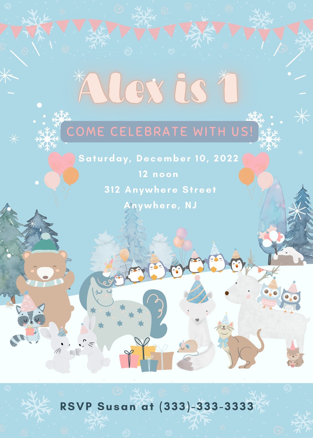 Editable Winter Woodland Baby Birthday Invite Unisex Invitation ...