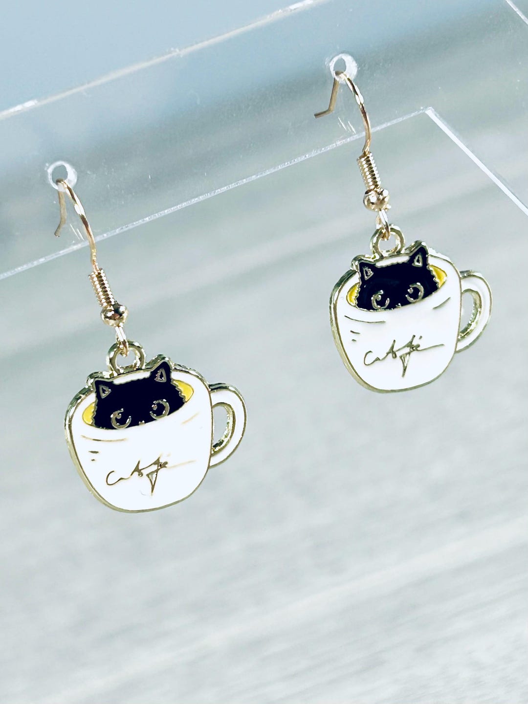 Lucky Black Cat Kitten Coffee Tea Cup Drop Dangle Metal Earrings ...