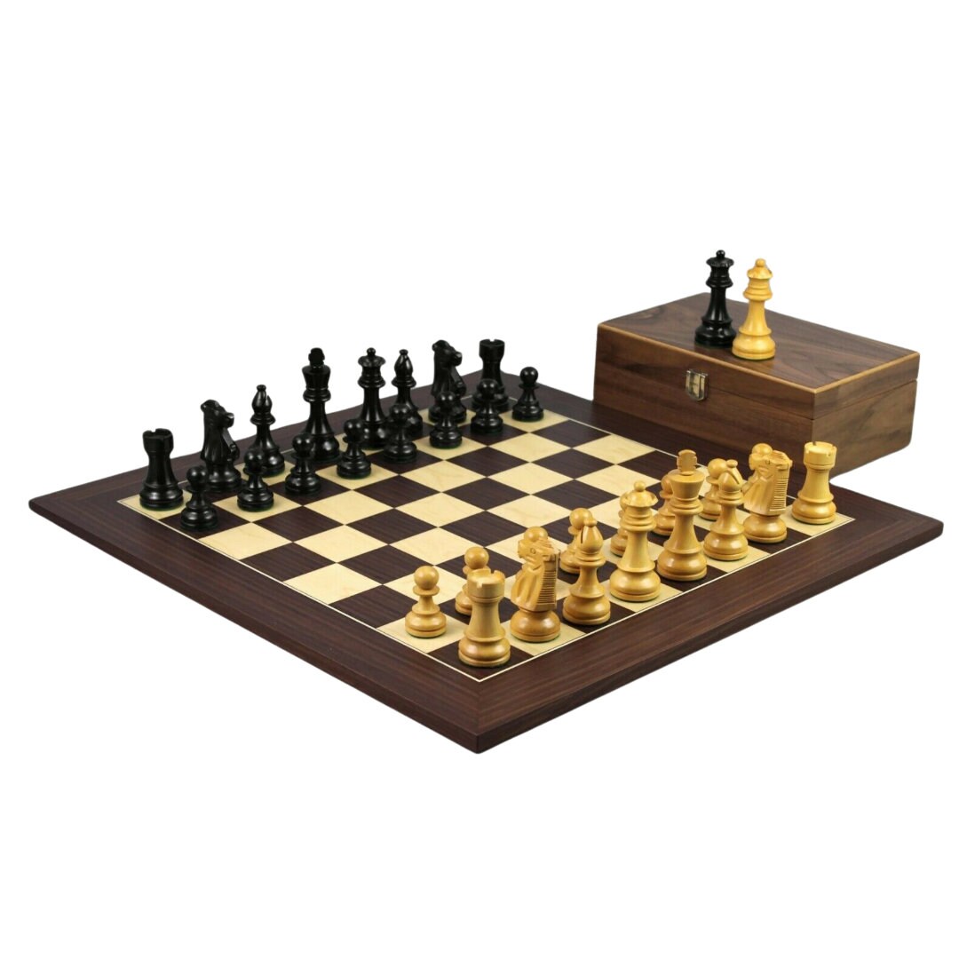 Chess Set Macassar Board 20 Ebonised Staunton French Knight Pieces 3.75 ...