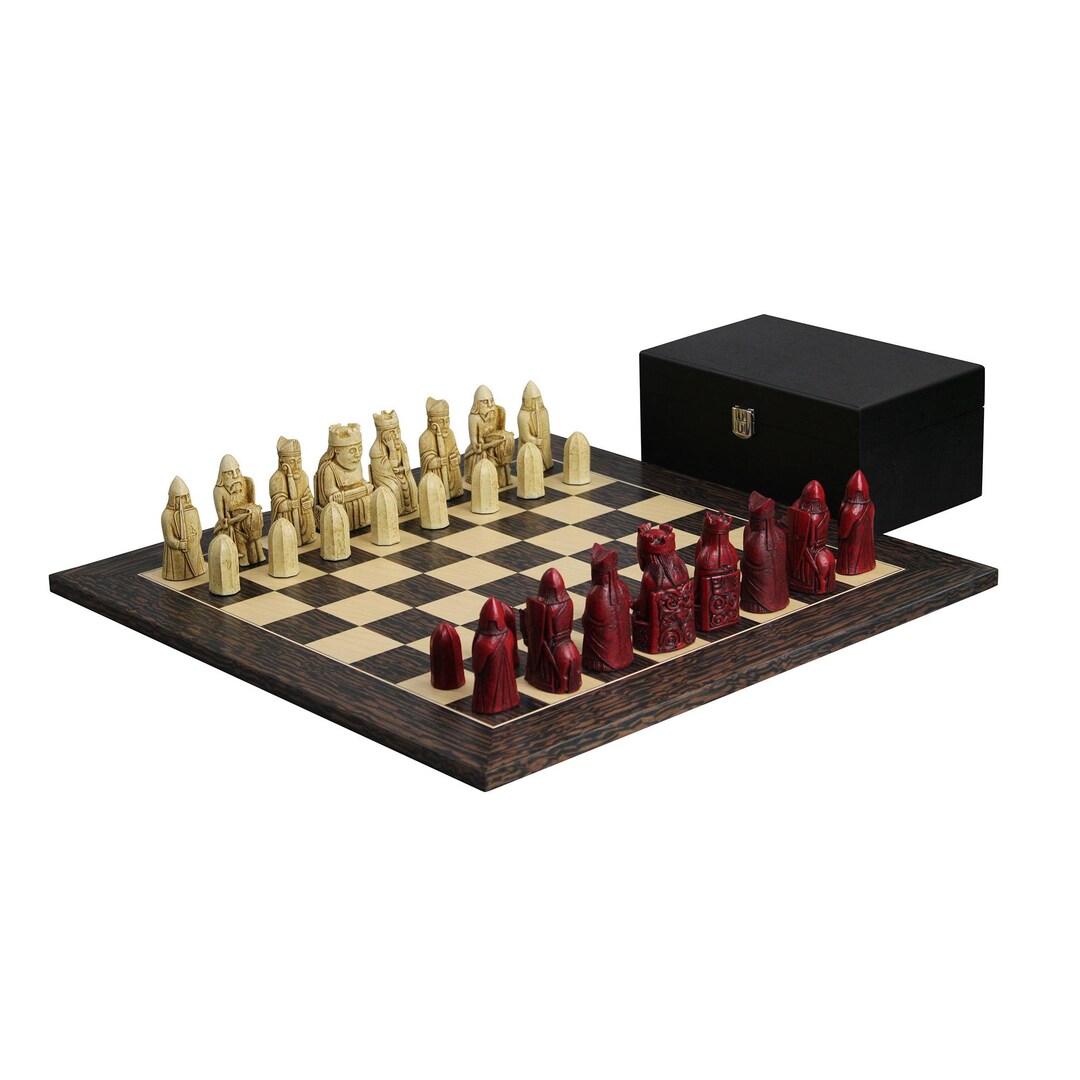 Isle of Lewis Ii Ivory & Red Chess Pieces 3.5 Tiger Ebony Chess Board ...