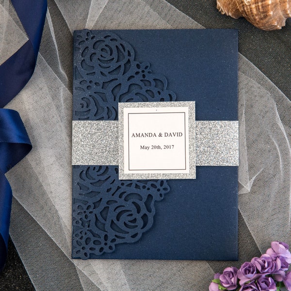 Navy Blue and Silver Wedding Invitations - Etsy