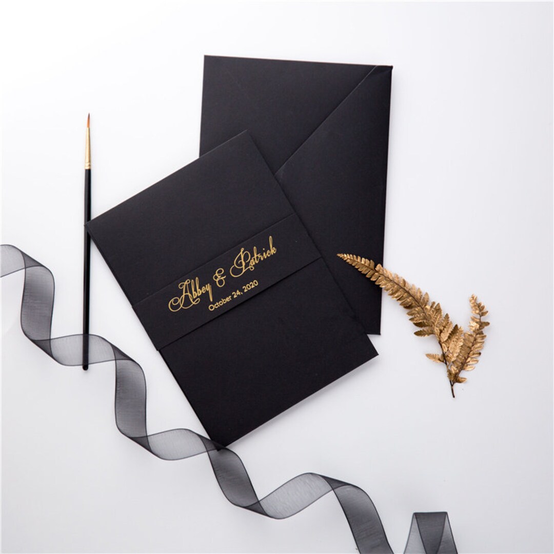 Black and Gold Foil Pocket Invites, Gold Foil Invitations, Gold ...