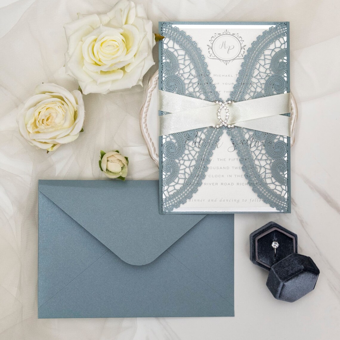 Dusty Blue Lace Lasercut Invitation Suite, Dusty Blue Invites, Elegant ...