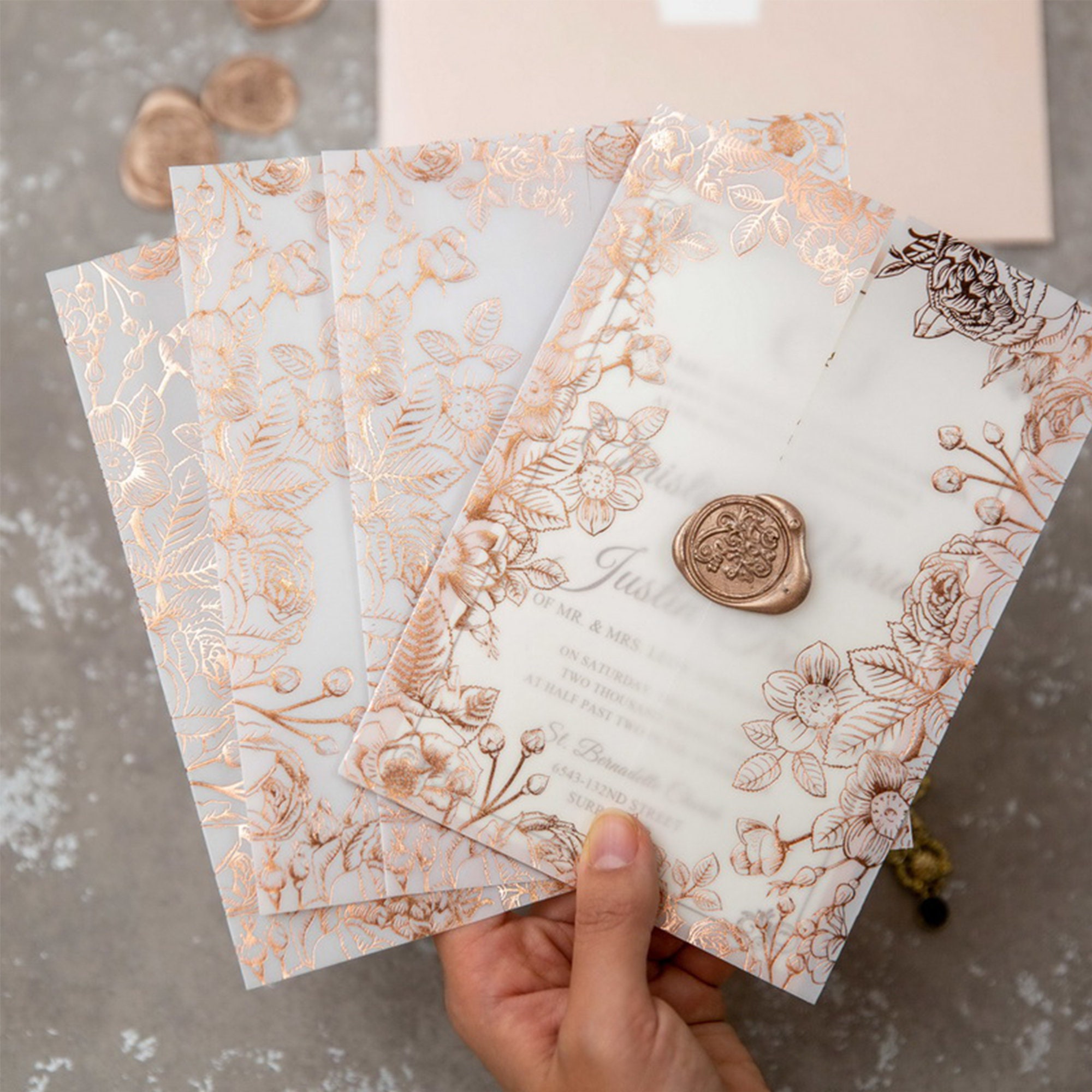 Rose Gold Foil Floral Vellum Pocket Invites, Vellum Invitations, Rose ...