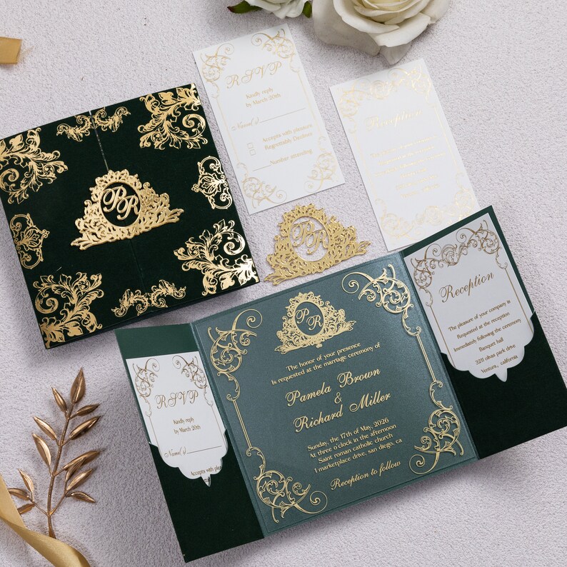 Velvet Gold Foil Wrap Invitation Suite, Easy Pocket Invitations, Velvet ...