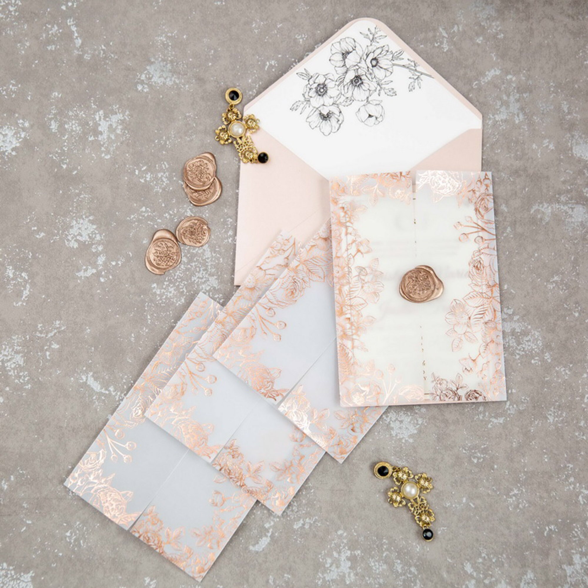 Rose Gold Foil Floral Vellum Pocket Invites, Vellum Invitations, Rose ...