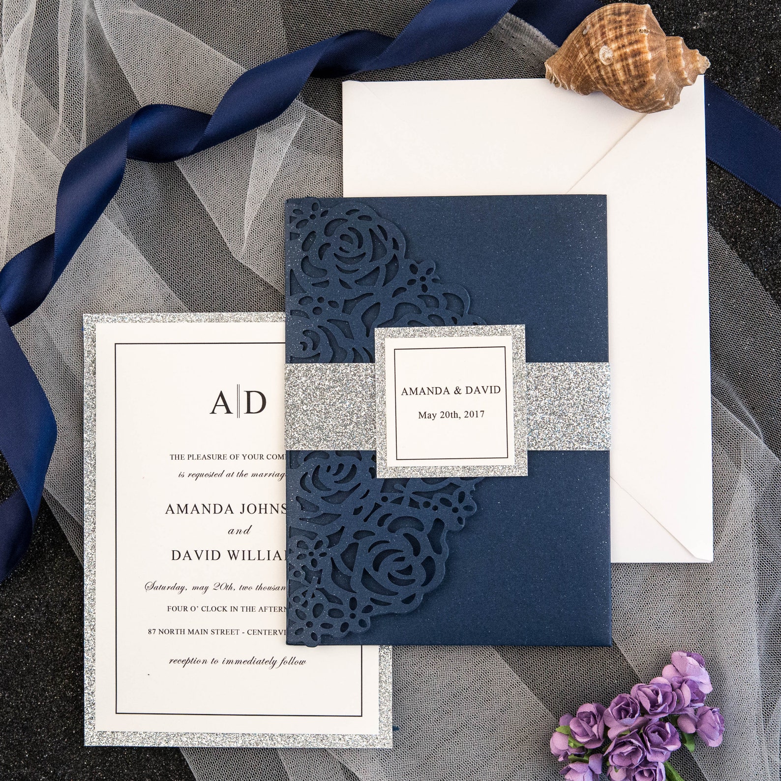 Navy and Silver Glitter Invitations, Laser Cut Invitation Suite, DIY ...