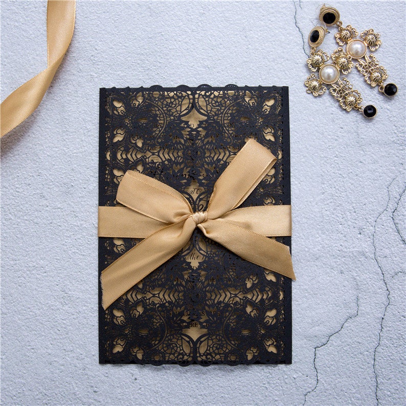 Elegant Lace Pocket Invitations Black and Gold Invitations - Etsy