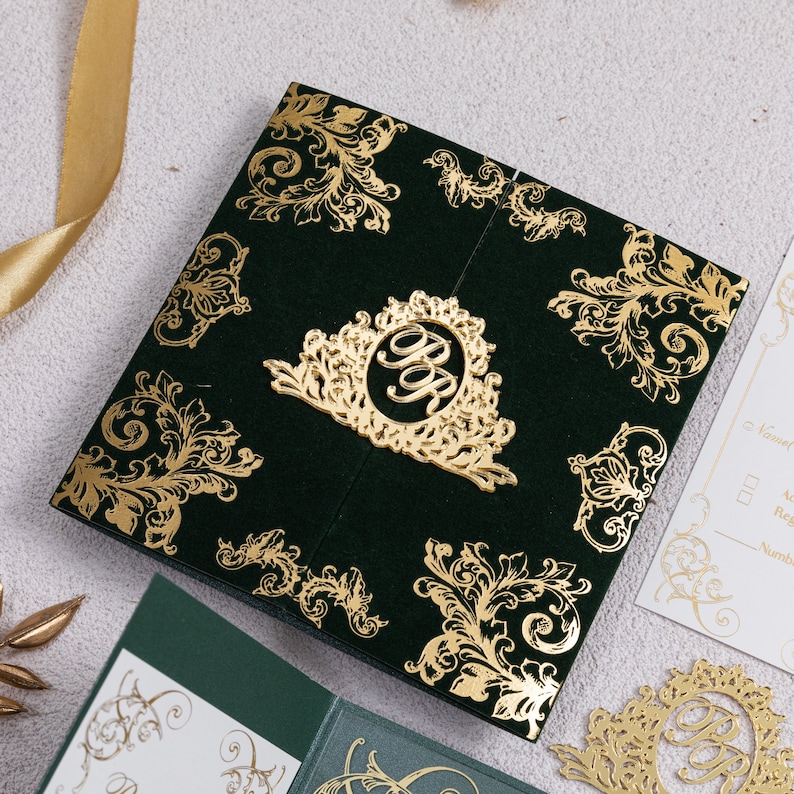 Velvet Gold Foil Wrap Invitation Suite, Easy Pocket Invitations, Velvet ...