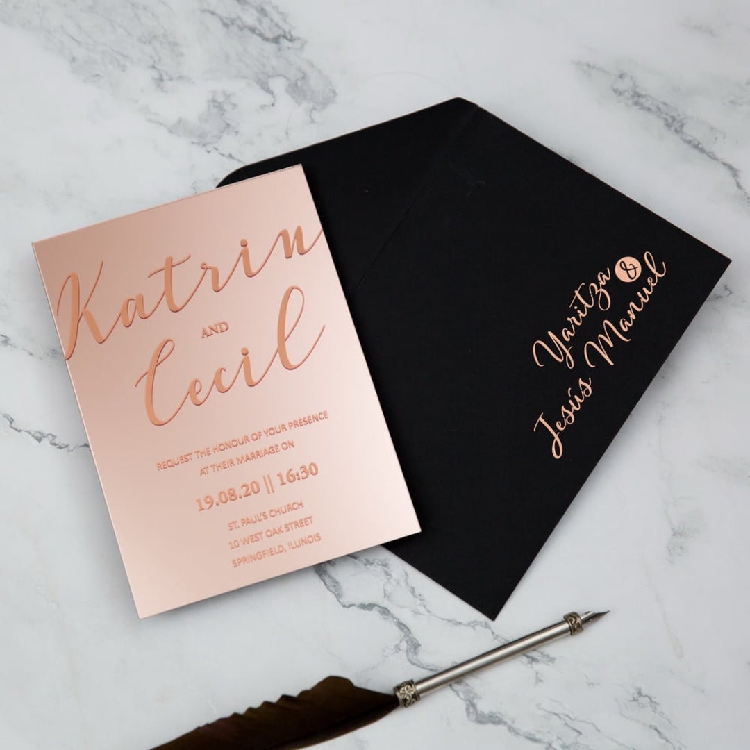 Mirror 2mm Acrylic Wedding Invitations, Black Acrylic Invitations, Rose ...