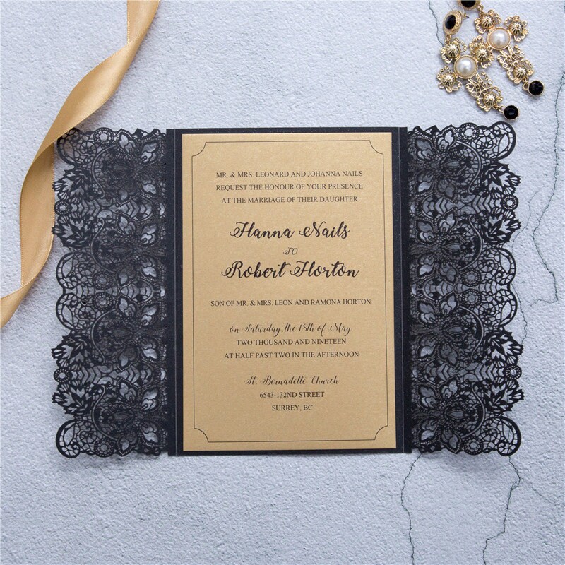 Elegant Lace Pocket Invitations Black and Gold Invitations - Etsy