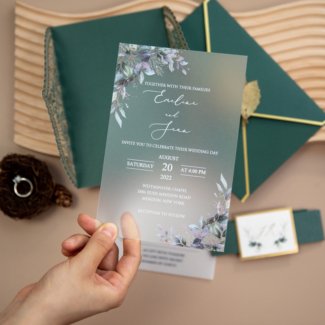 Greenery Frosted Acrylic Invitation Suite, 1mm Acrylic With Gold Lined ...