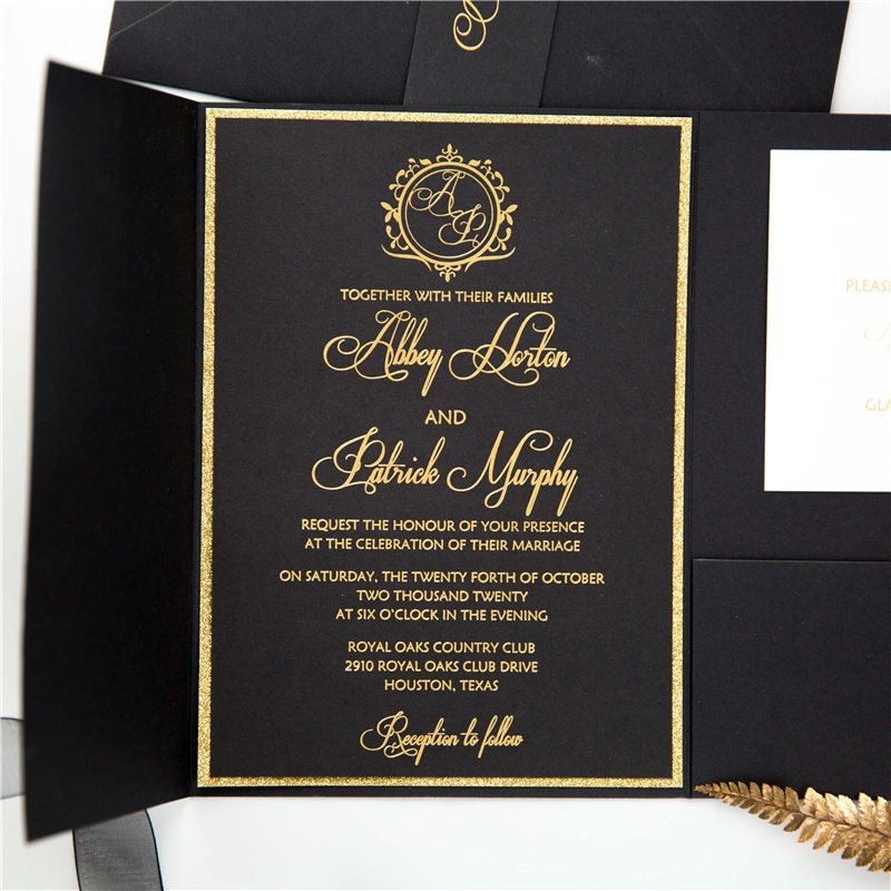 Black and Gold Foil Pocket Invites, Gold Foil Invitations, Gold ...
