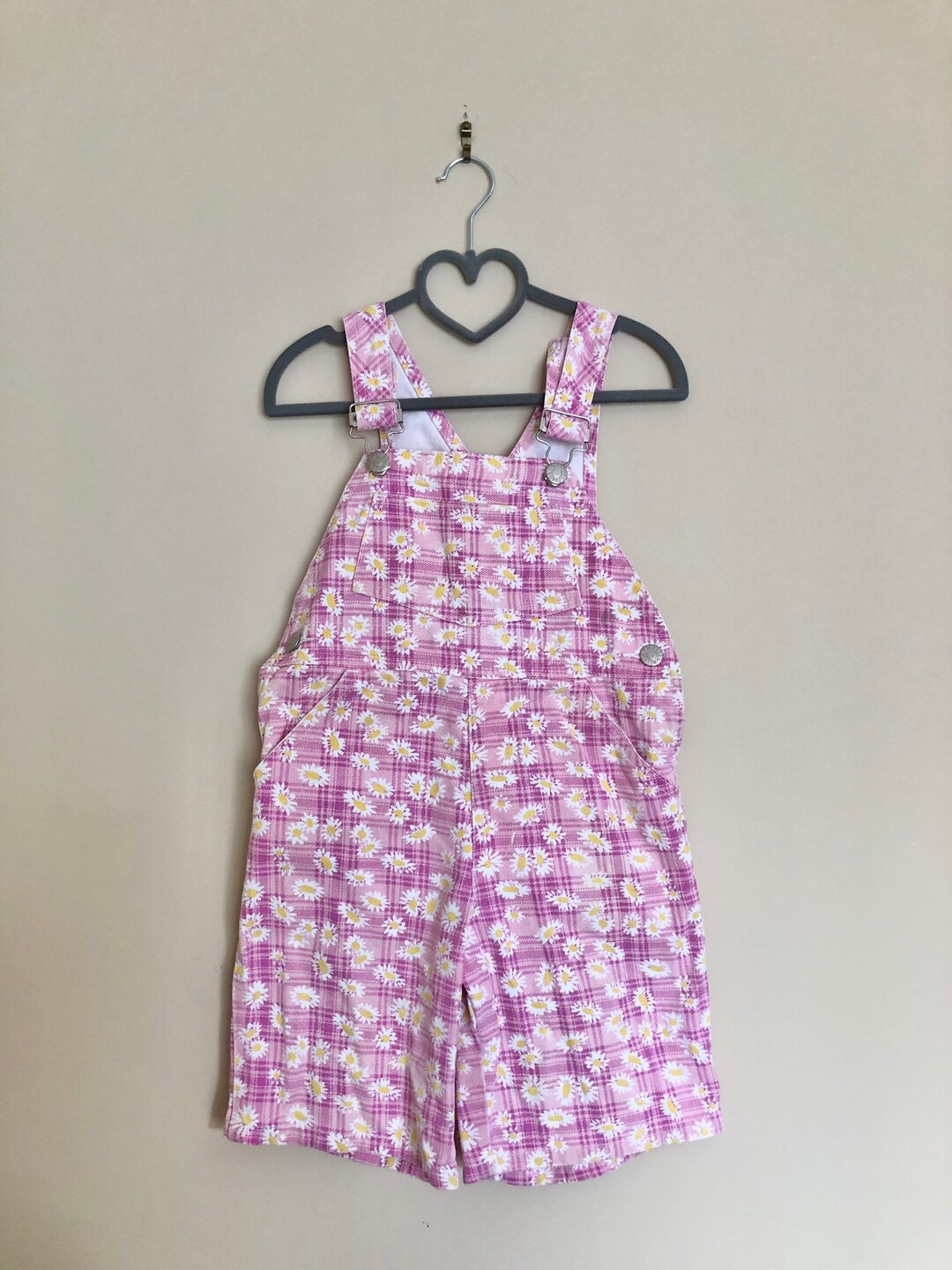Vintage Pink Plaid Daisy Floral Shortalls - Vintage Girls Overall ...