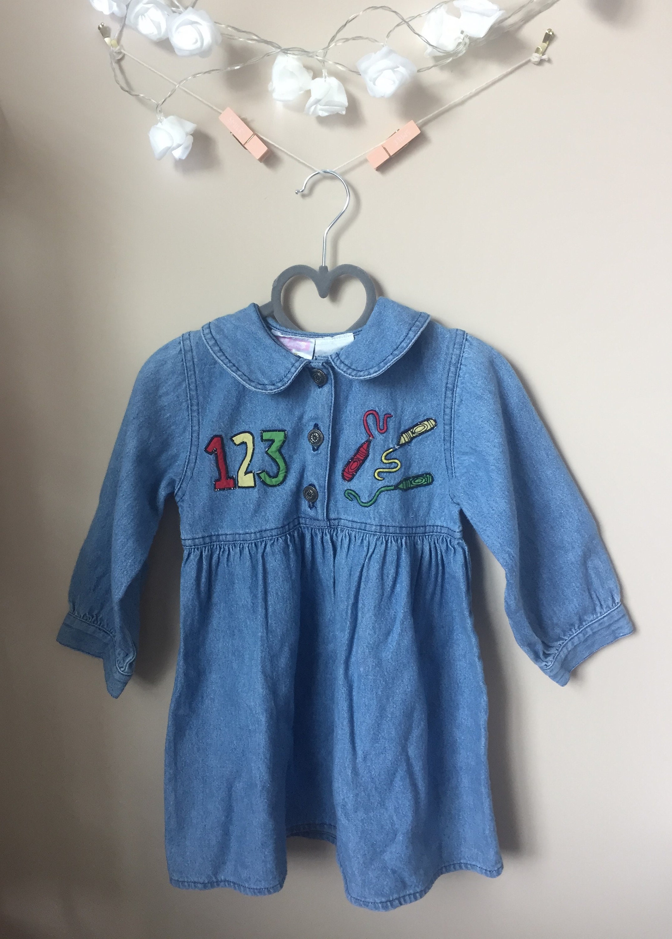 Vintage Denim School Dress With Appliqued Embroidered Numbers & Crayons ...