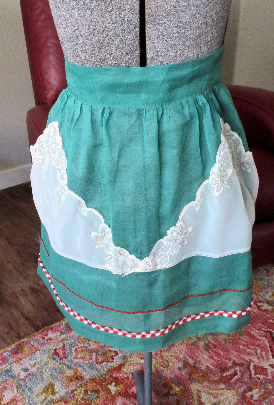 HANDMADE APRON, Green Organdy Apron, Vintage 1950s Apron, Holiday Apron ...