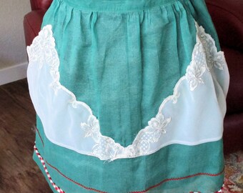 Vintage Handmade Two Toned Green Apron With Pocket. - Etsy