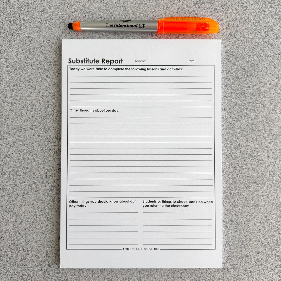 Substitute Report Data Notepad | 50 Sheets - Etsy