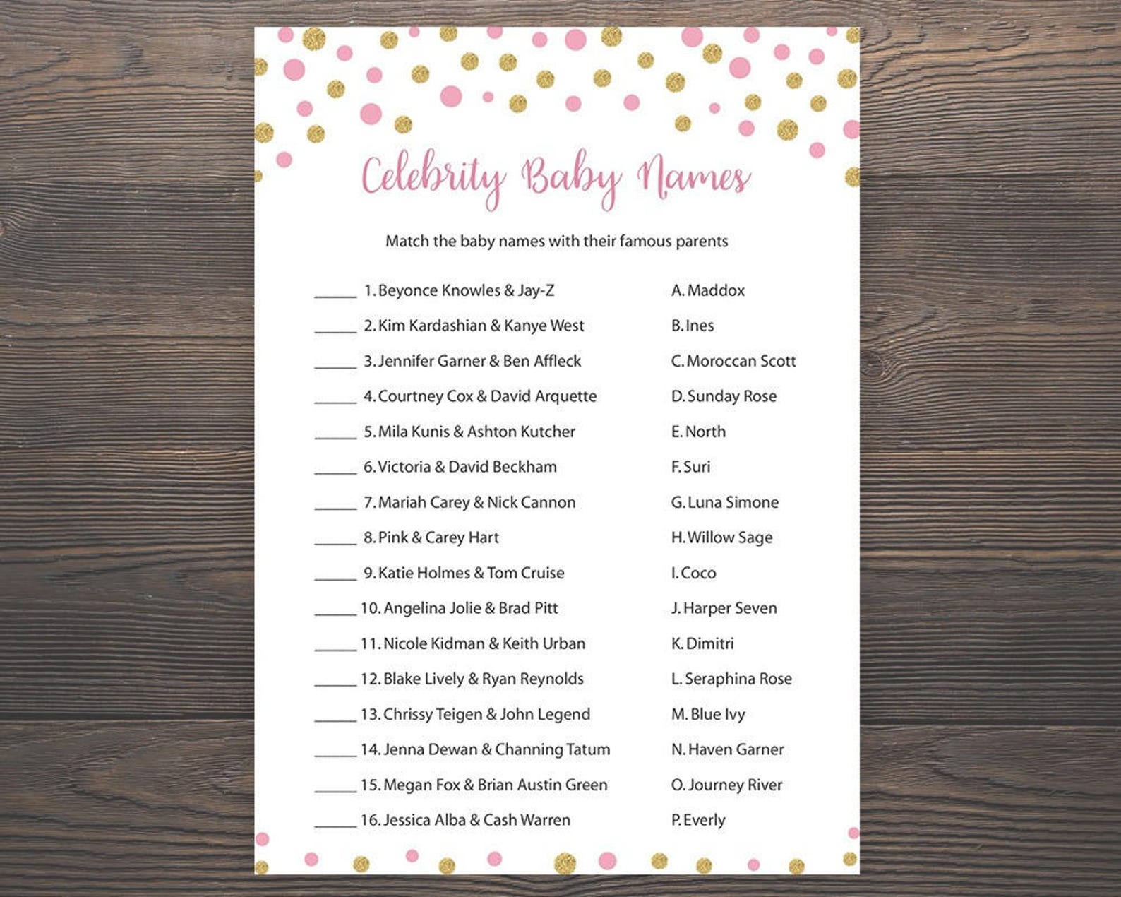 Pink Gold Baby Shower Games Celebrity Baby Name Game - Etsy
