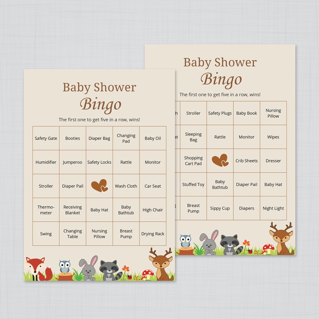 60 Prefilled Baby Bingo Cards, Woodland Baby Shower Bingo Cards ...