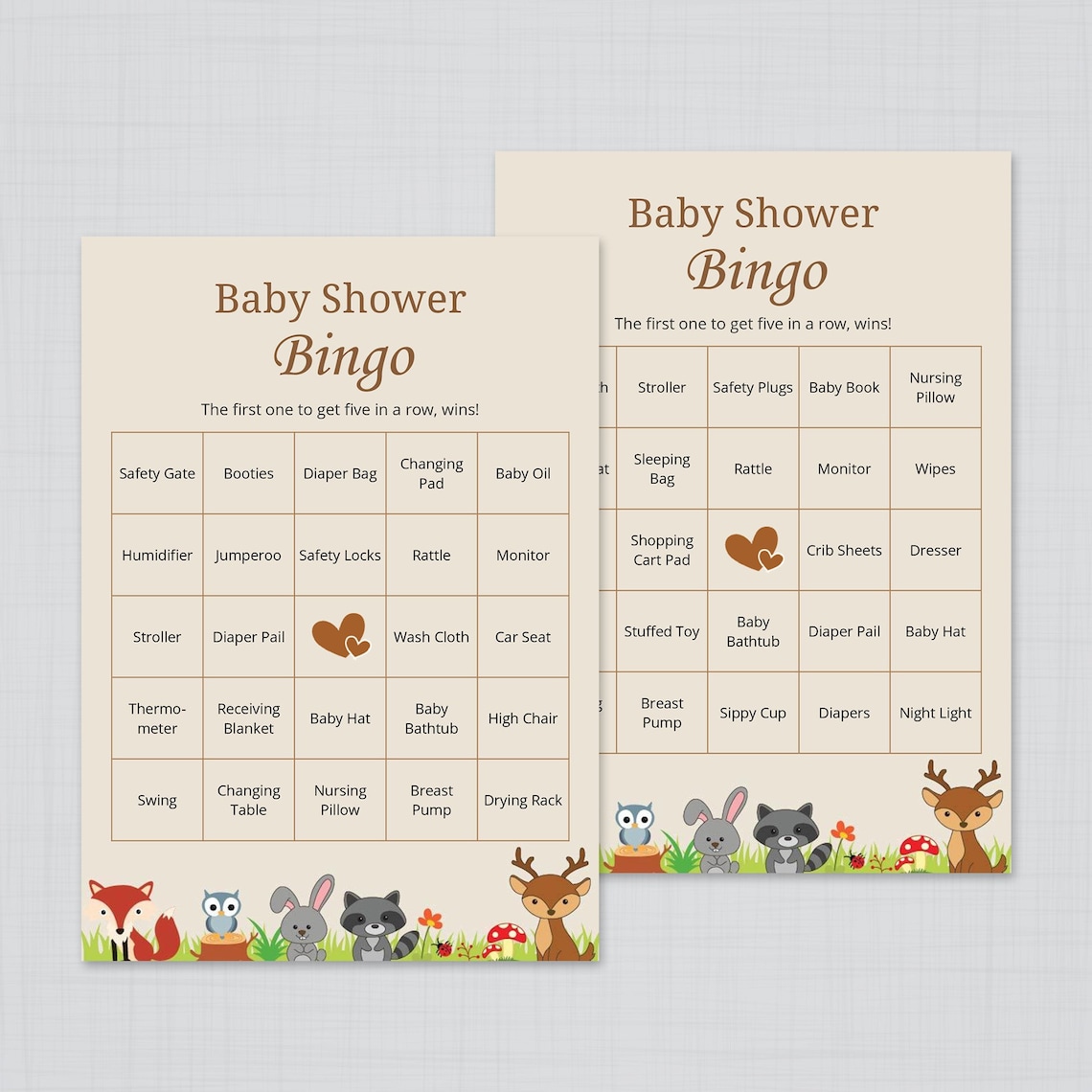 60 Prefilled Baby Bingo Cards, Woodland Baby Shower Bingo Cards ...