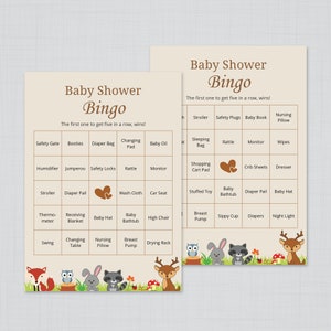 60 Prefilled Baby Bingo Cards, Woodland Baby Shower Bingo Cards ...