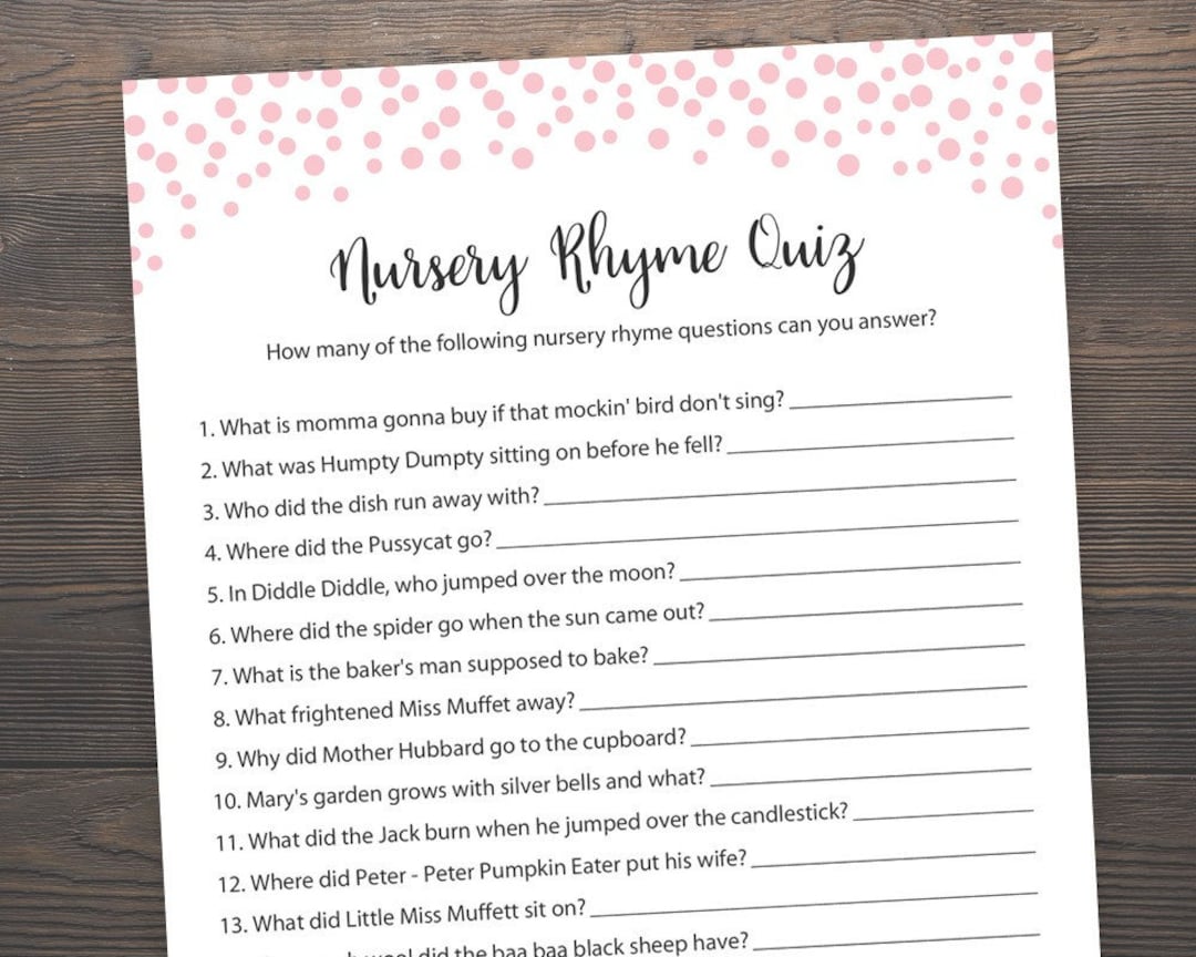 Blush Pink Nursery Rhyme Quiz, Baby Shower Games, Printable Baby Shower ...