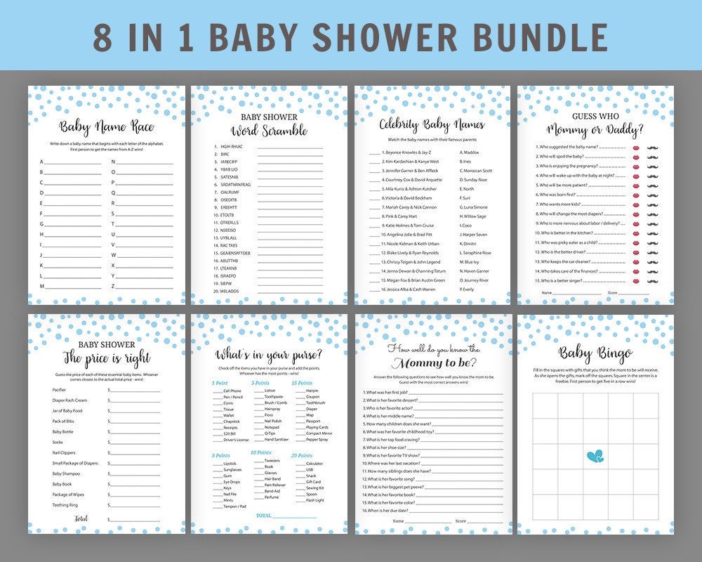 Blue Baby Shower Games Bundle 8 in 1 Printable Baby Shower | Etsy