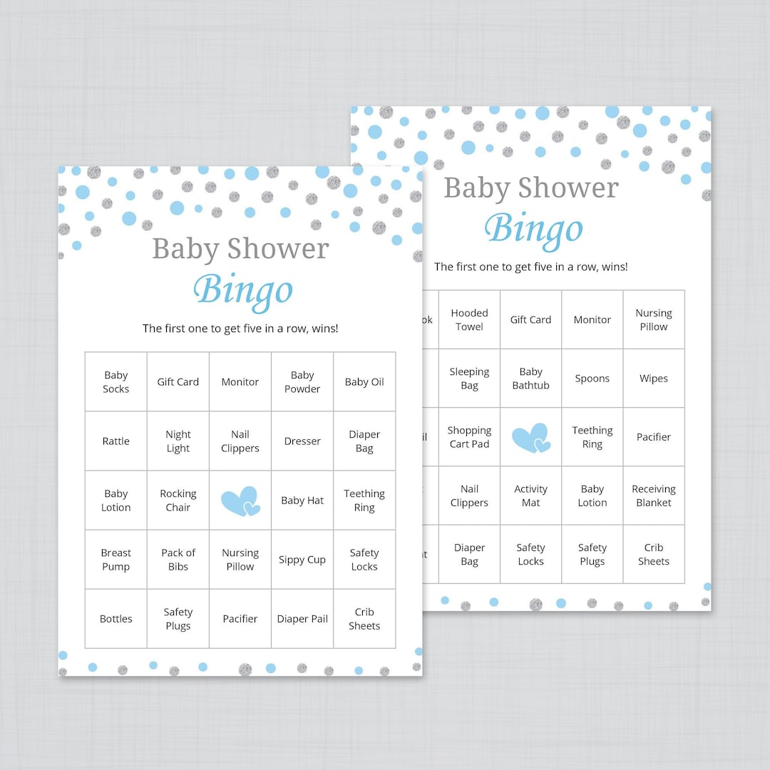 60 Prefilled Baby Bingo Cards, Blue Silver Baby Shower Games, Printable ...