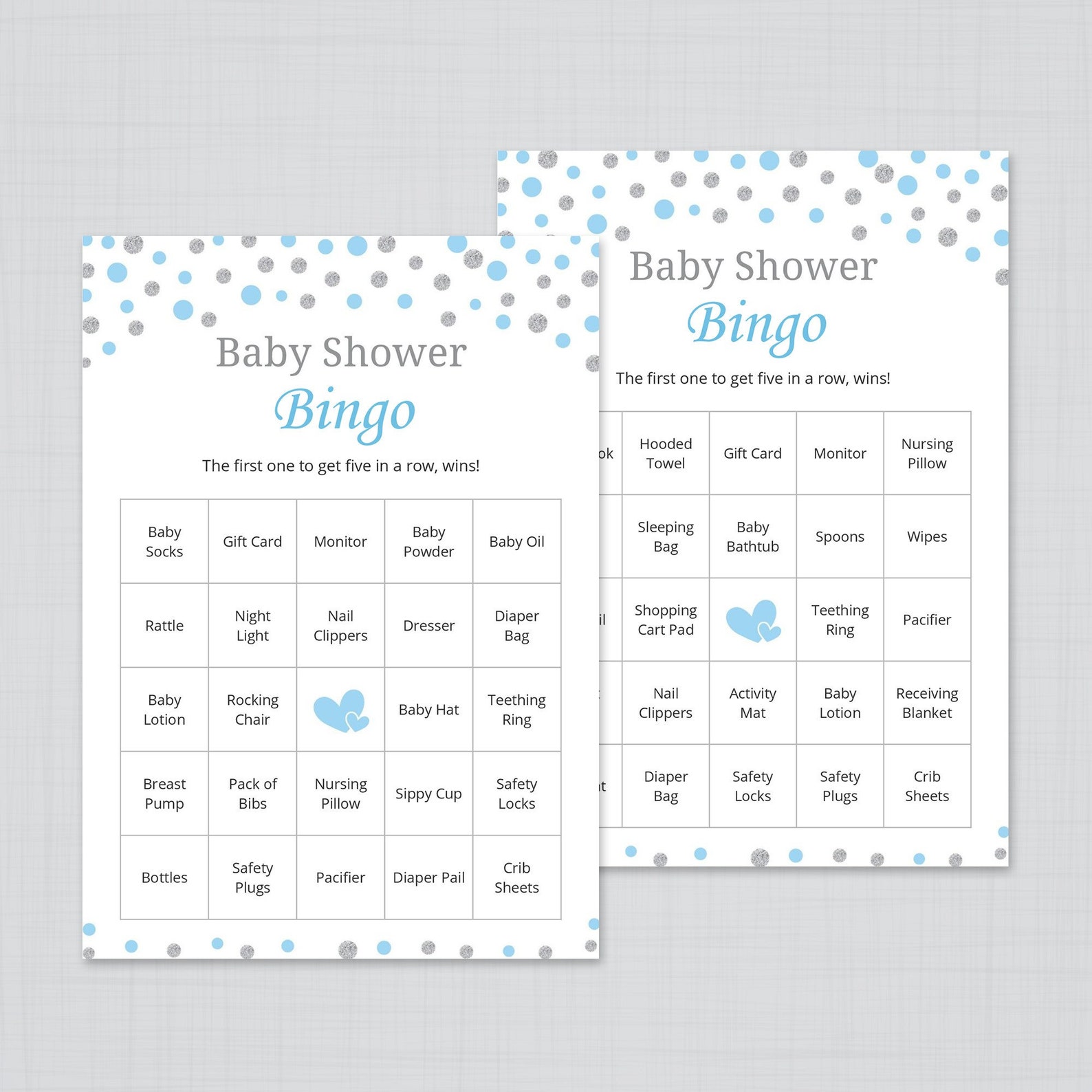 60 Prefilled Baby Bingo Cards, Blue Silver Baby Shower Games, Printable ...