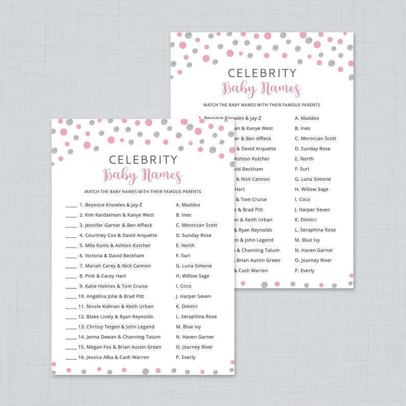 Pink Silver Baby shower games Celebrity baby name game Girl | Etsy