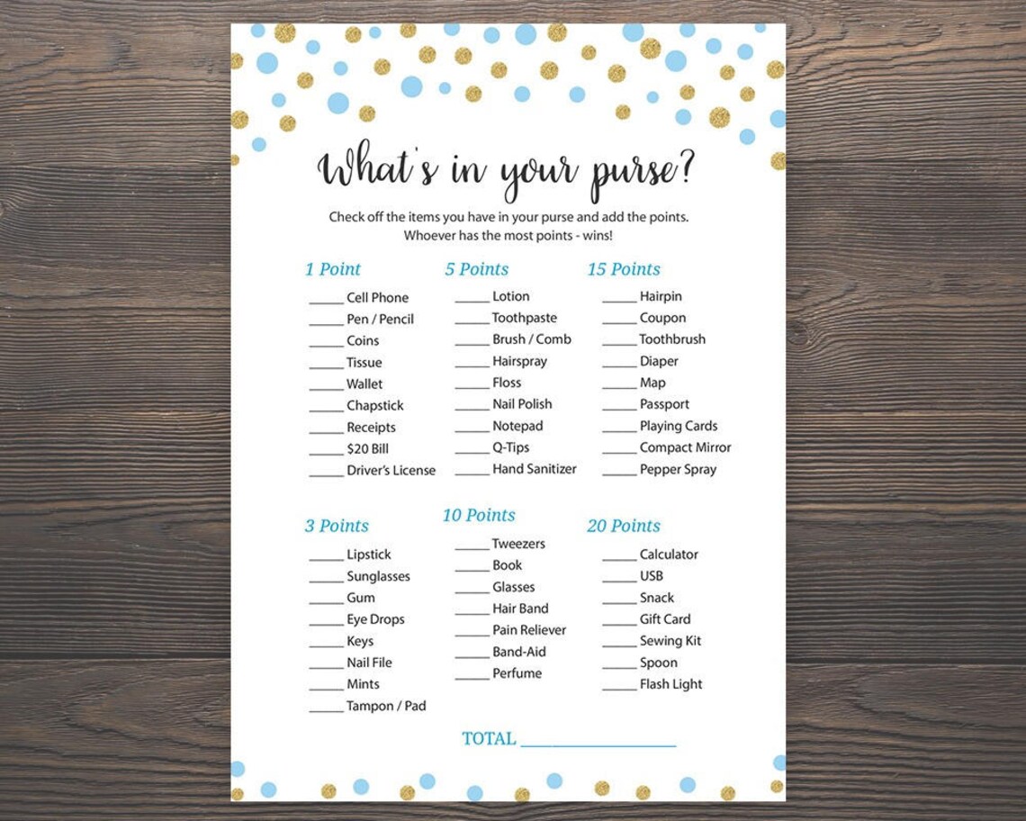 Blue Gold Baby Shower Games What's in Your Purse | Etsy