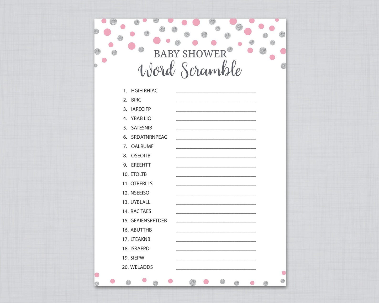 Pink Silver Baby Shower Games Baby Word Scramble Game - Etsy