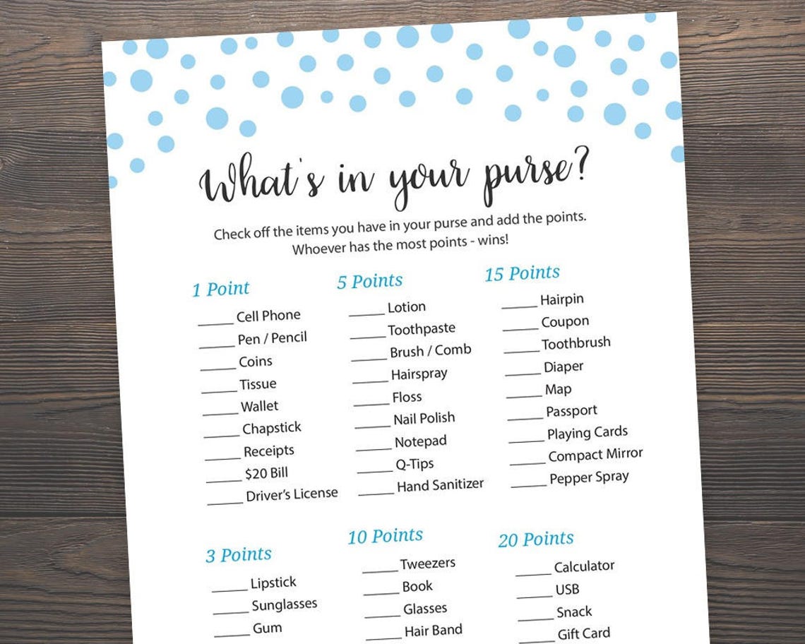 Blue Baby Shower Games What's in Your Purse Printable | Etsy