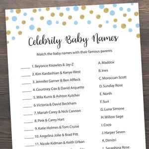 Blue Gold Baby Shower Games, Celebrity Baby Name Game, Baby Shower ...