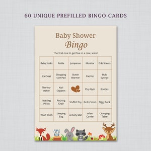 60 Prefilled Baby Bingo Cards, Woodland Baby Shower Bingo Cards ...