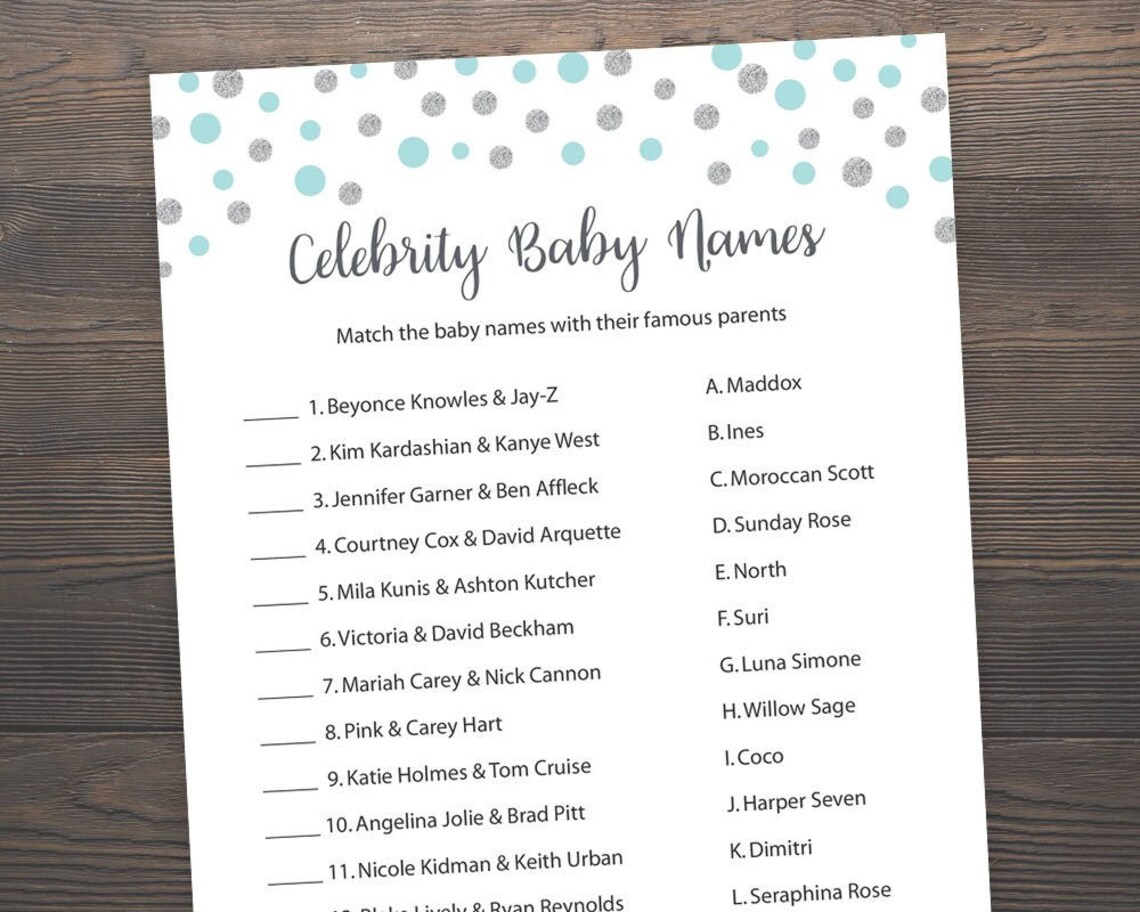 Silver Turquoise Baby Shower Game Celebrity Baby Name Game | Etsy