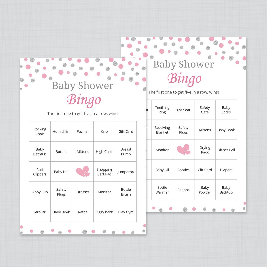 60 Prefilled Baby Bingo Game Cards, Silver Pink Baby Shower Games, Girl ...