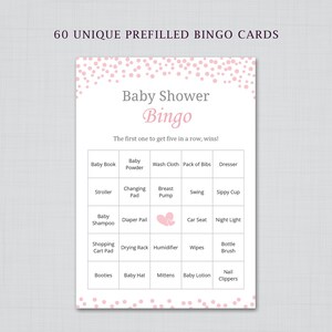 60 Prefilled Baby Bingo Cards, Blush Pink Baby Shower, Girl Baby Shower ...