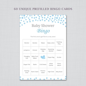 60 Prefilled Baby Bingo Cards, Blue Baby Shower Games, Boy Baby Shower ...